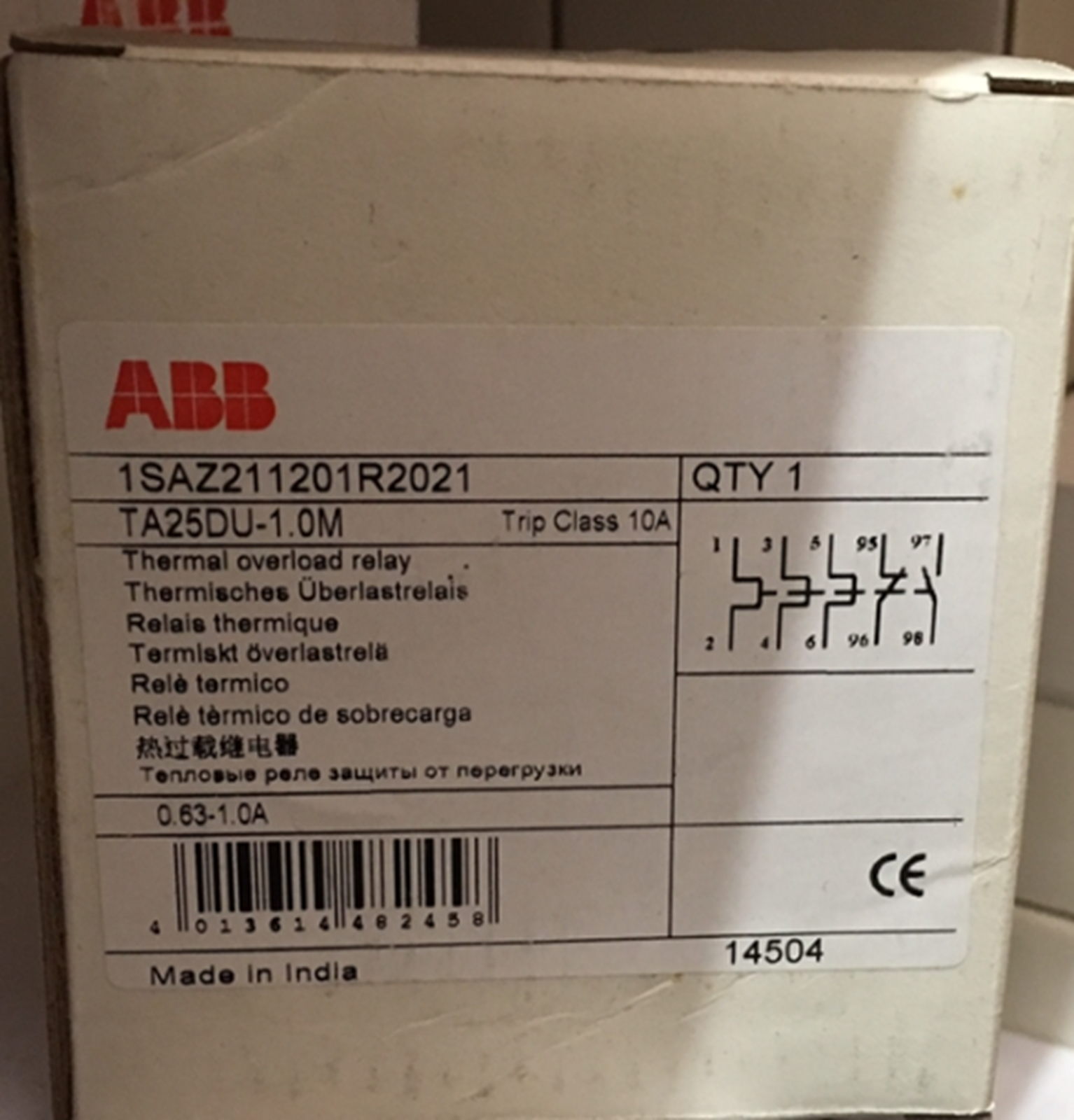 new abb ta25du-1.0m thermal overload relay 0.63a-1a
